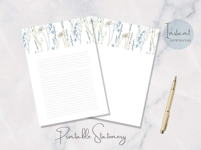 Blue Flower Stem Printable Stationery Floral Stationary - Etsy