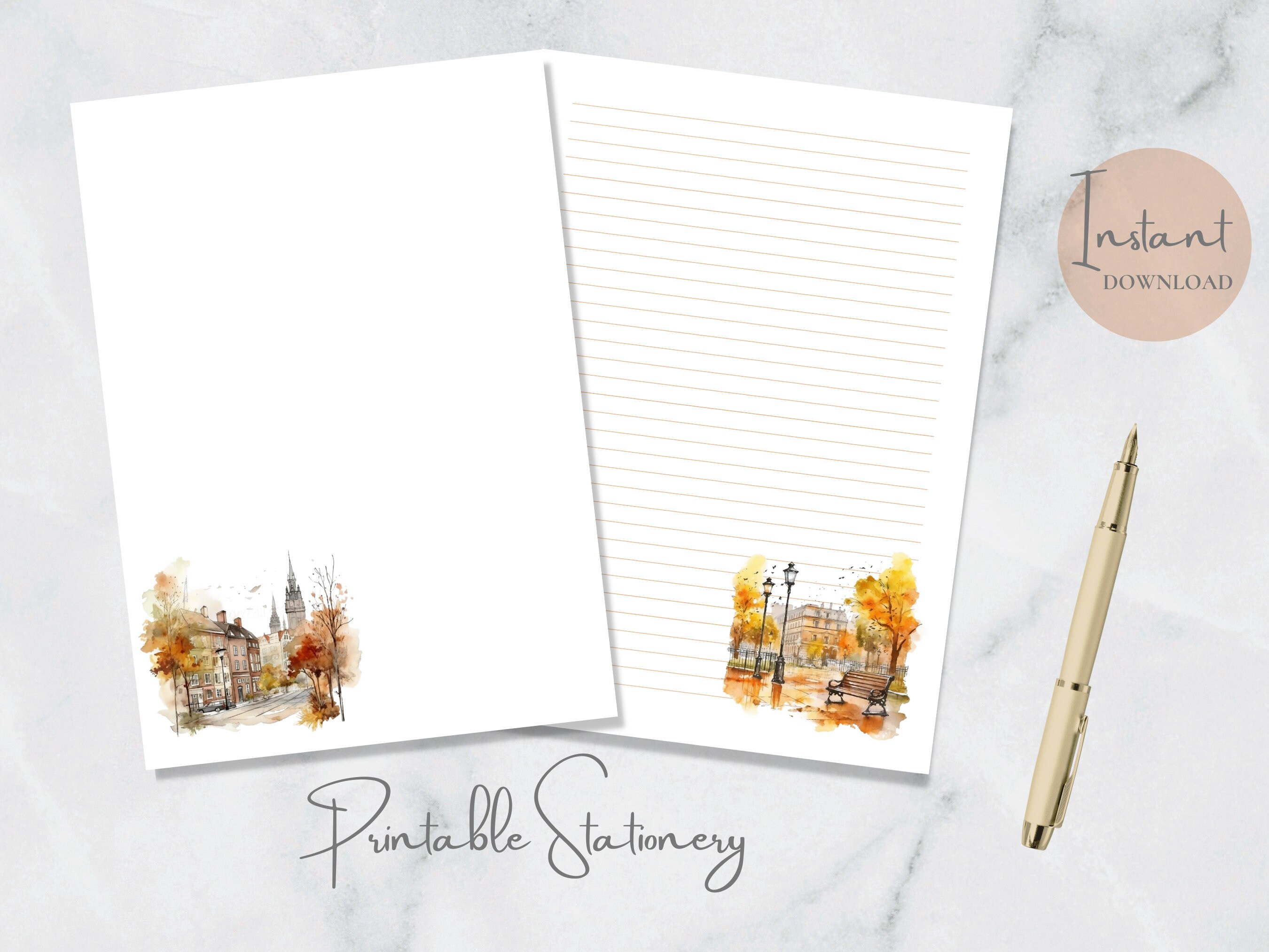 Fall Town Printable Stationery Trees Letter Paper Autumn A4 and US ...