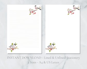 Birds Blossom Printable Stationery Floral Stationary Nature Writing ...