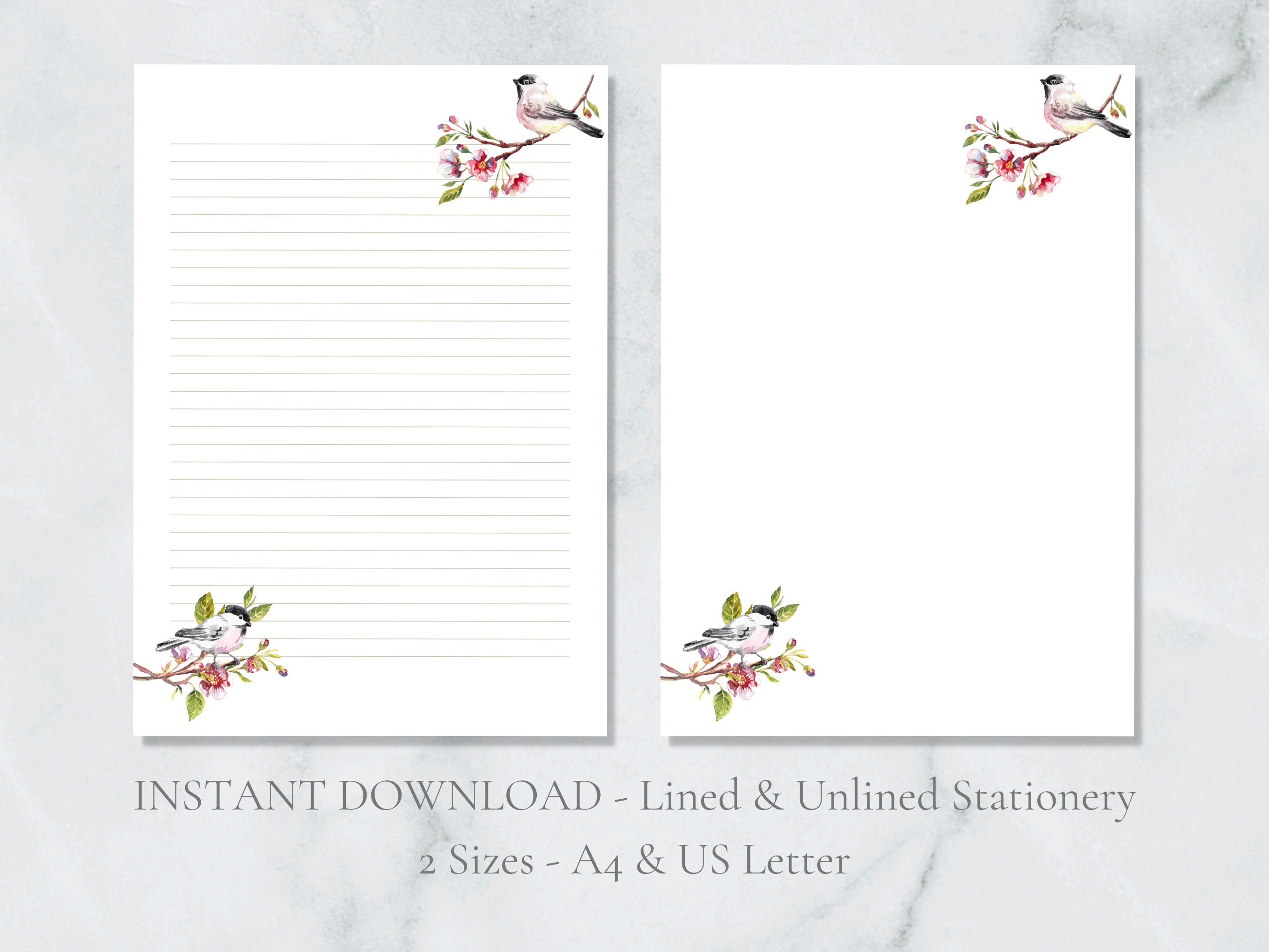 Birds on Branch Printable Stationery Floral Stationary Nature Writing ...