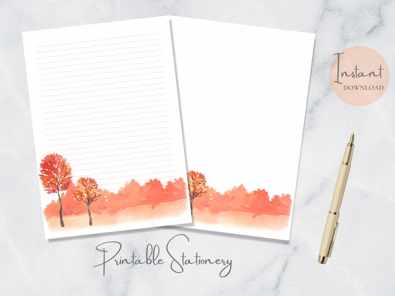 Autumn Trees Scene Printable Stationery Fall Leaves Letter Paper A4 and ...