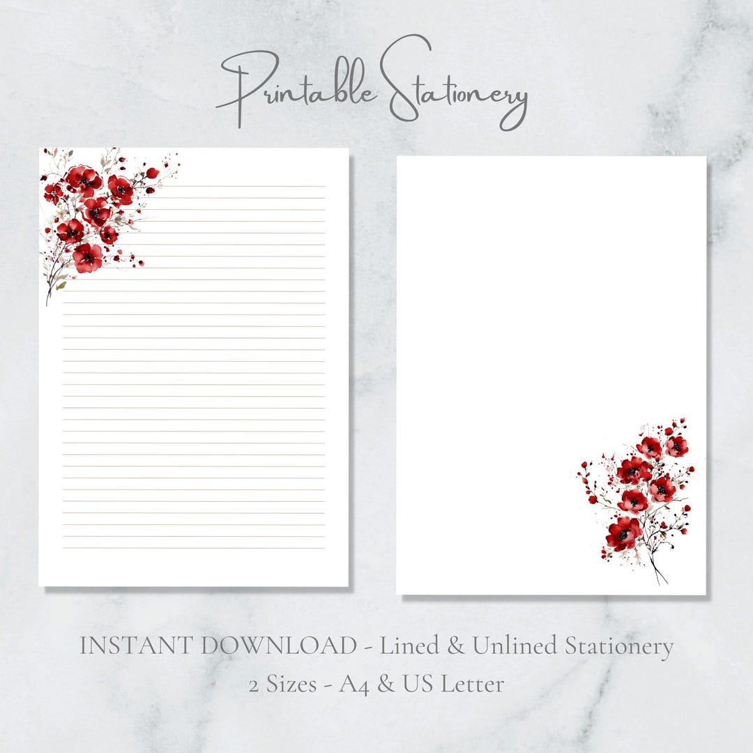 Scarlet Poppy Printable Stationery Red Floral Stationary Nature Writing ...