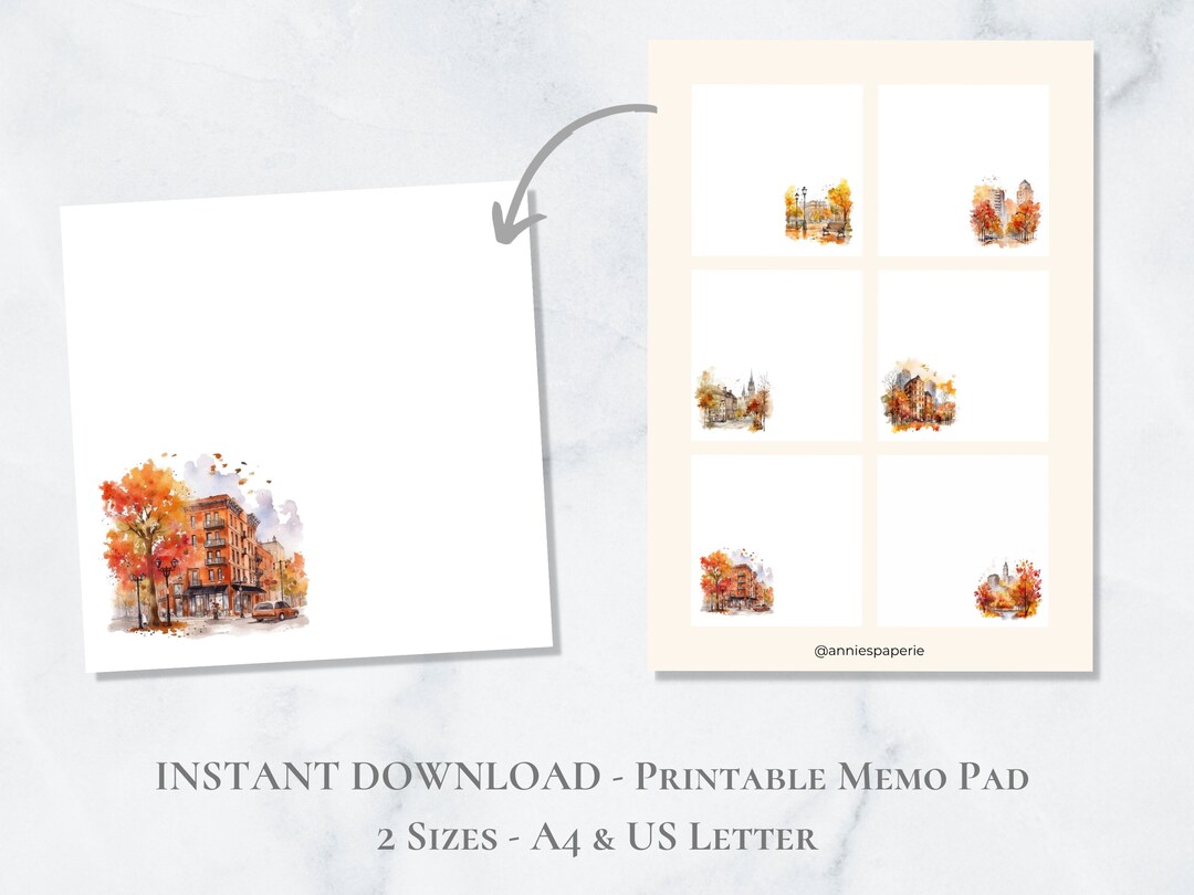 Fall in the City Printable Memo Pad Autumn Stationery Note Paper ...
