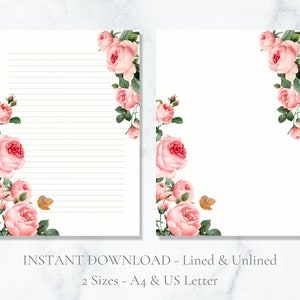 Pink Rose Butterfly Printable Stationery Floral Stationary Nature ...