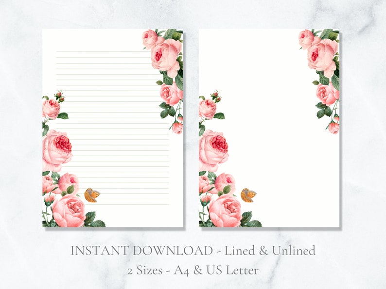 Pink Rose Butterfly Printable Stationery Floral Stationary - Etsy