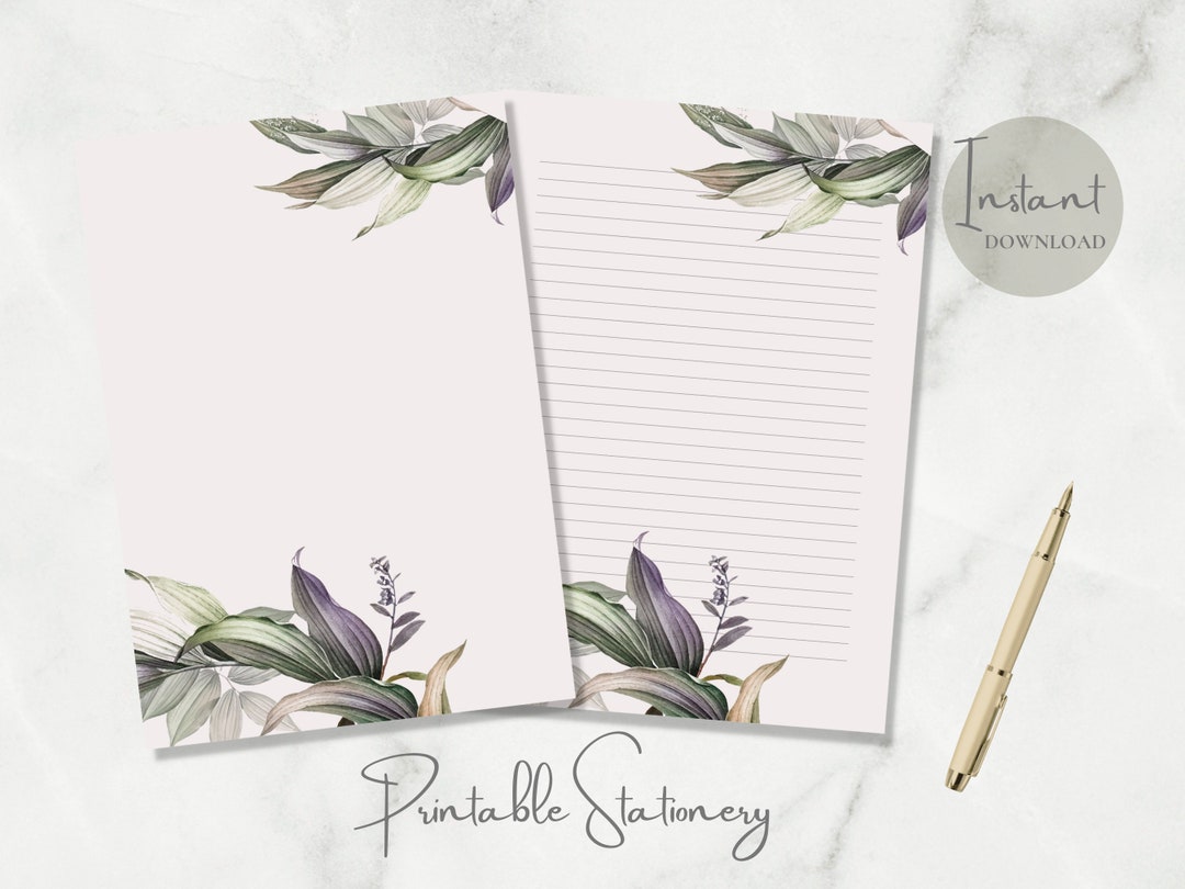 Leaf Printable Stationery Purple Green Leaves Stationary Botanical ...