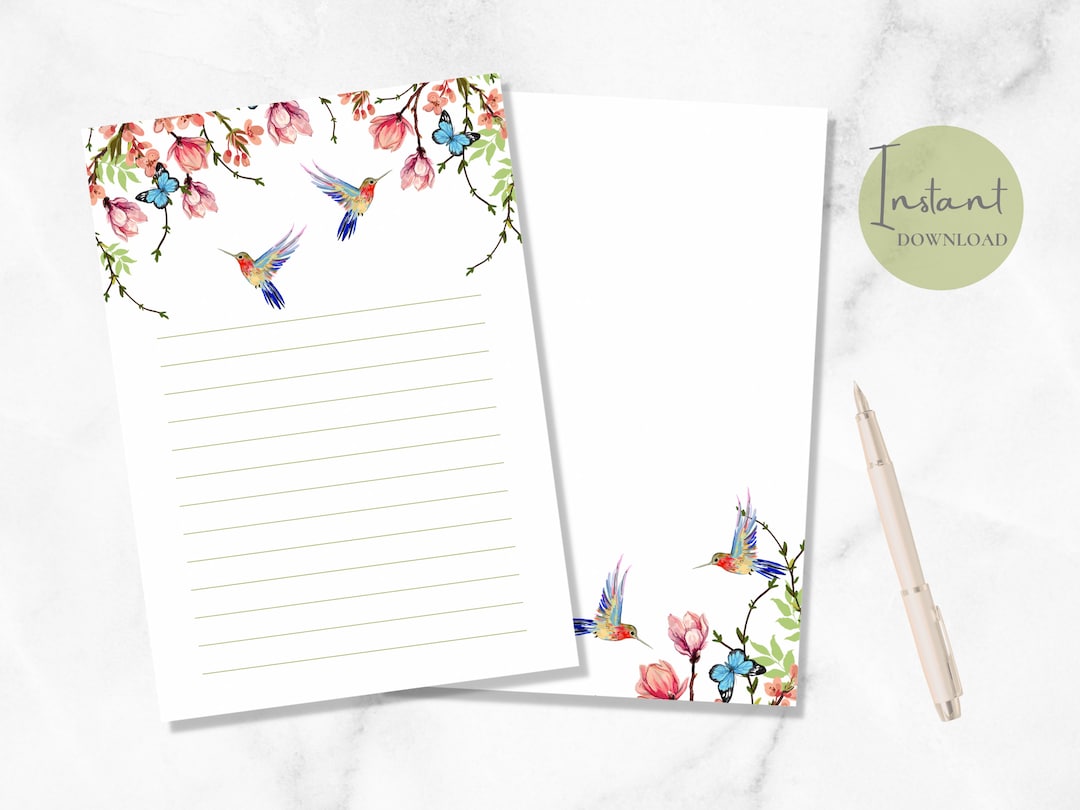 Half US A5 Letter Hummingbird Floral Printable Stationery Floral ...