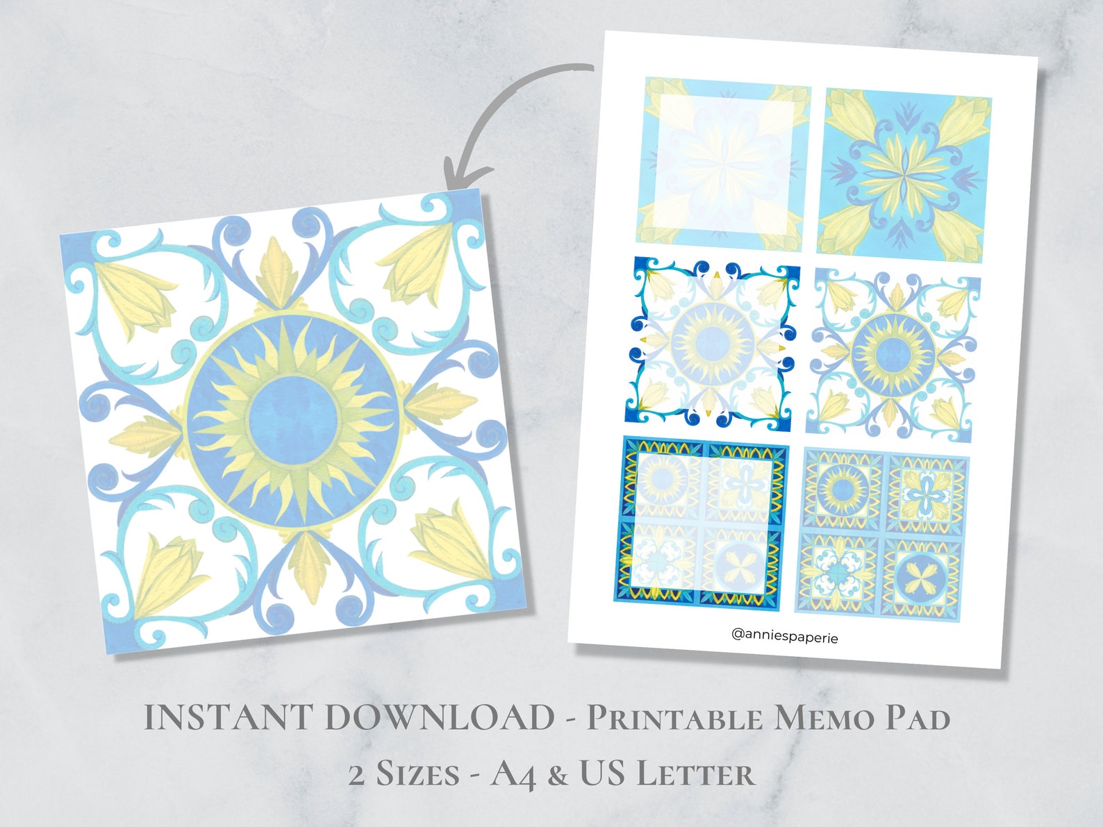 Mediterranean Tile Printable Memo Pad Blue Tile Memo Set Watercolor ...