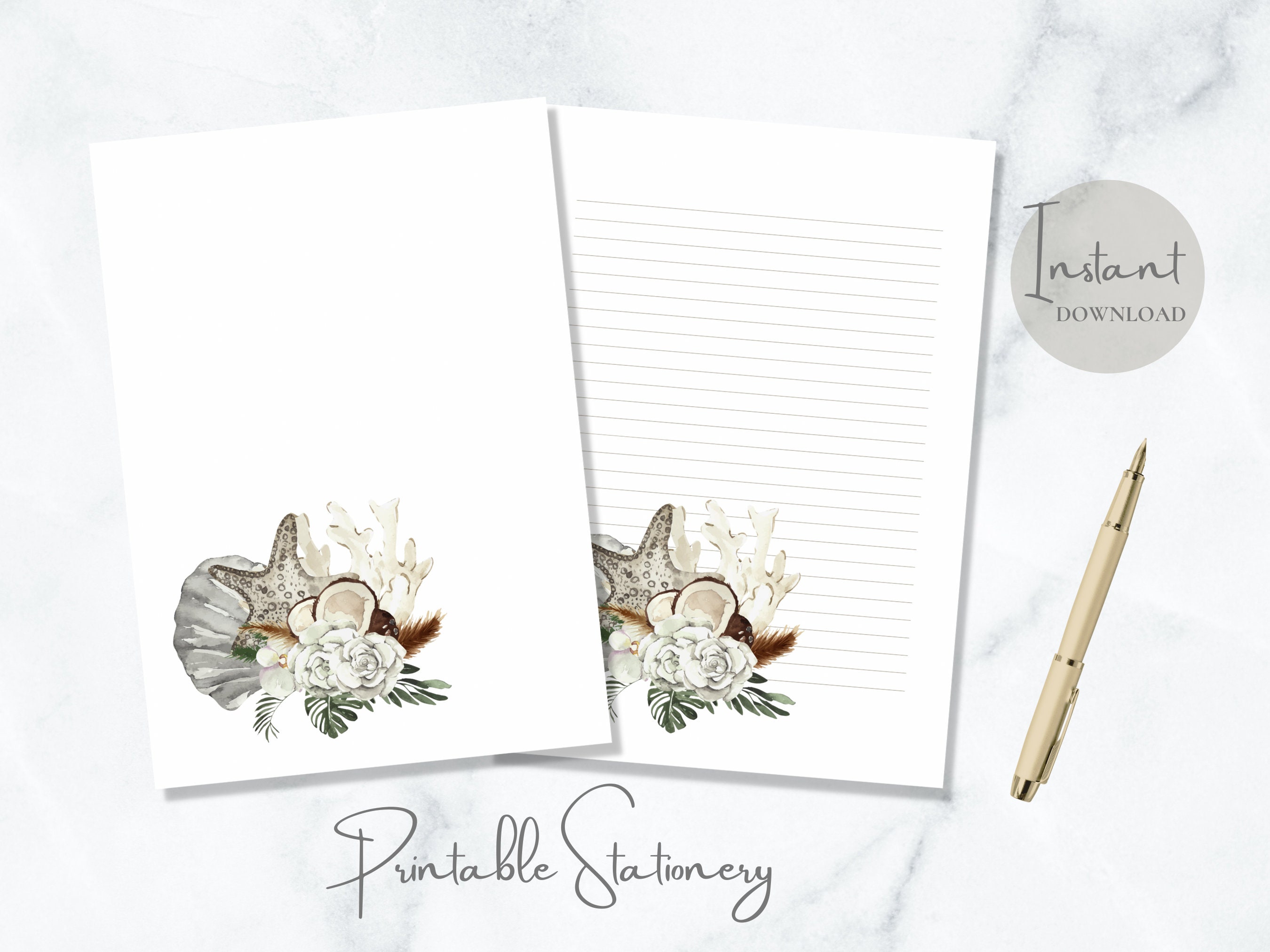 Sea Shell Printable Stationery Watercolor Stationary Coconut Writing ...