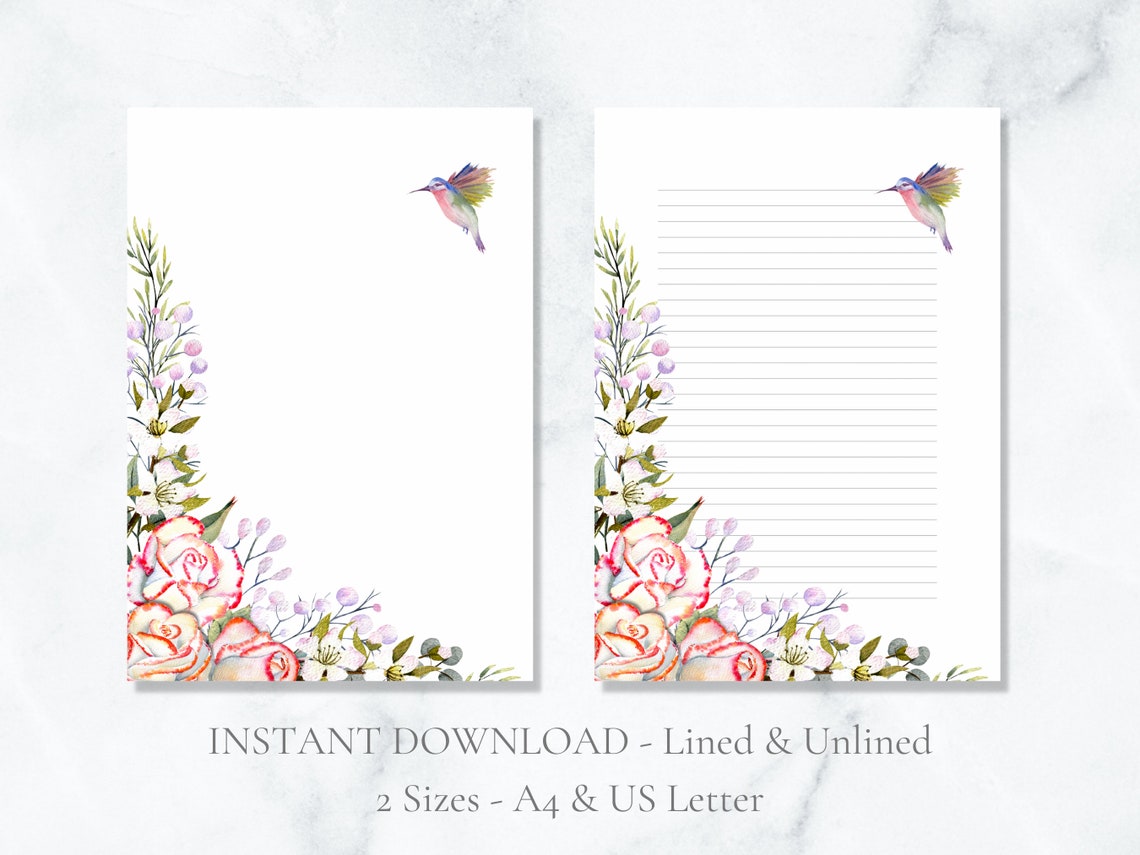 Rose Hummingbird Printable Stationery Floral Stationary Nature - Etsy