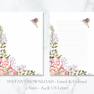 Rose Hummingbird Printable Stationery Floral Stationary Nature Writing ...