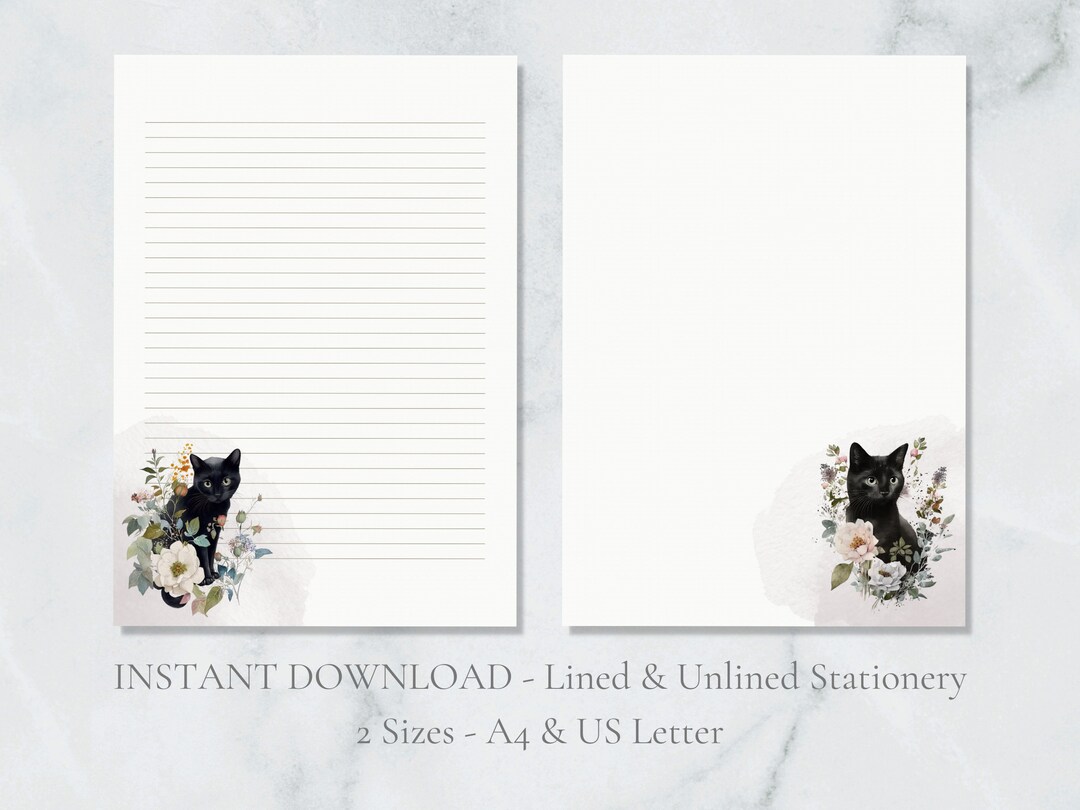 Black Cat in Flowers Printable Stationery Animal Stationary Pet Writing ...