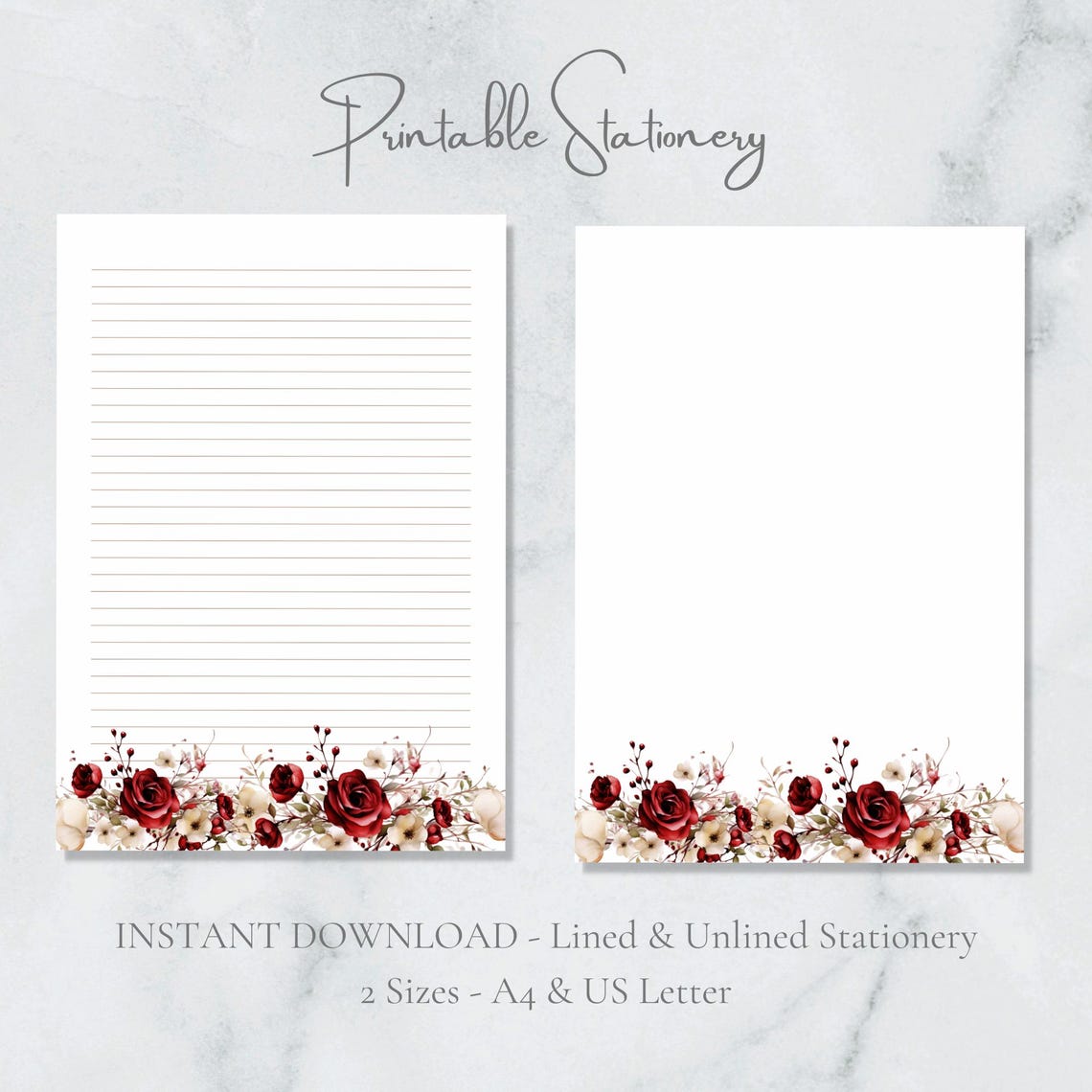 Dark Red Roses Printable Stationery Burgundy Floral Stationary Nature ...