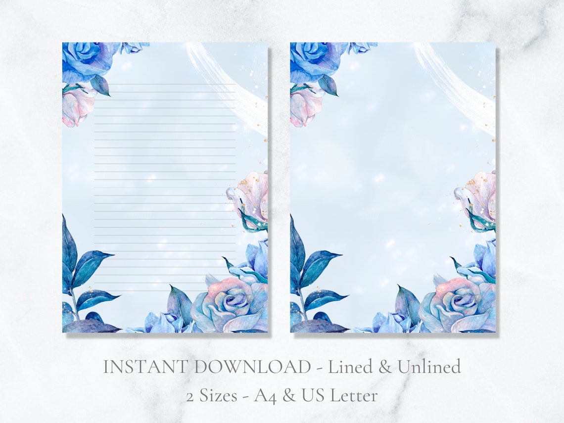 Blue Rose Printable Stationery Gold Floral Stationary Blue - Etsy