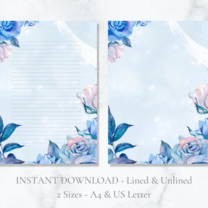 Blue Rose Printable Stationery Gold Floral Stationary Blue Writing ...
