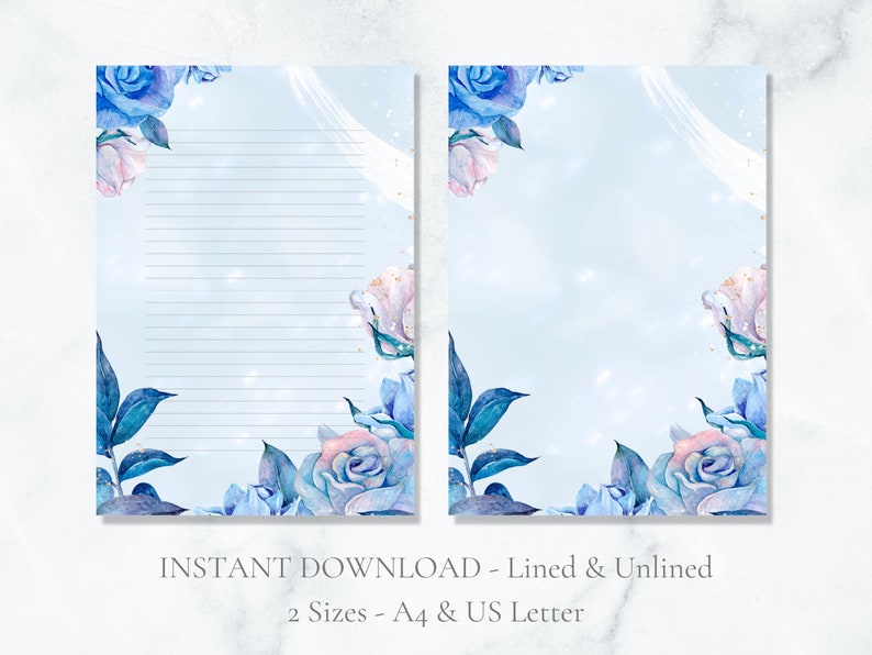 Blue Rose Printable Stationery Gold Floral Stationary Blue Writing ...