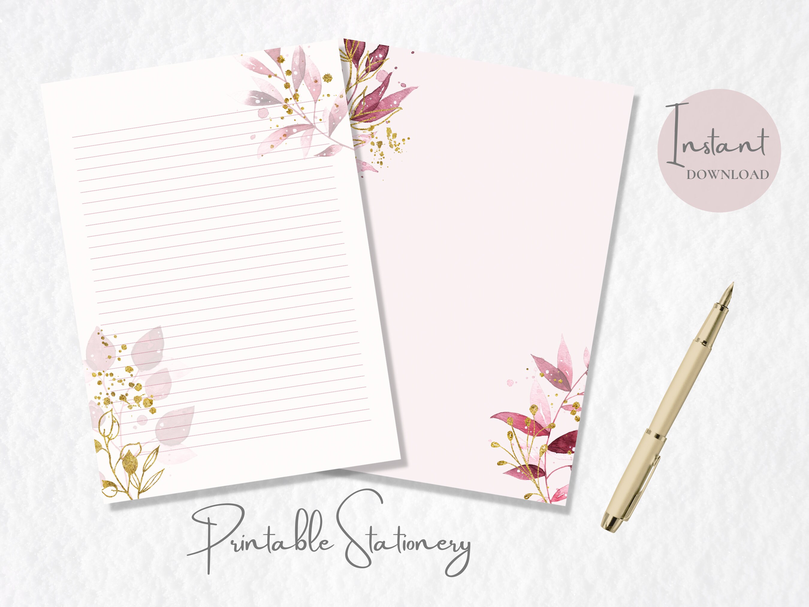 Pink and Gold Leaf Printable Stationery Festive Stationary Botanical ...