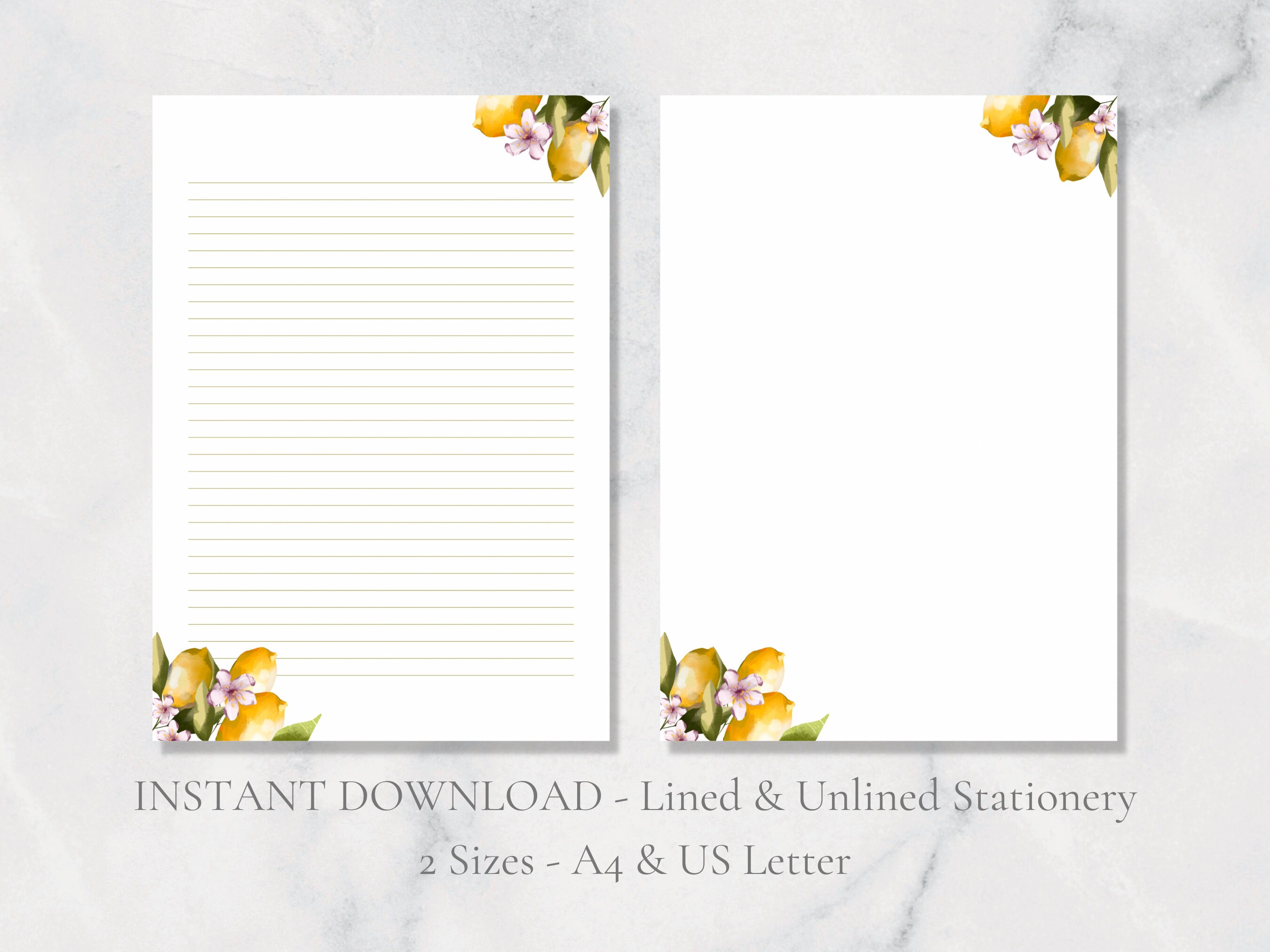 Lemons Printable Stationery Watercolor Fruit Stationary Nature Writing ...