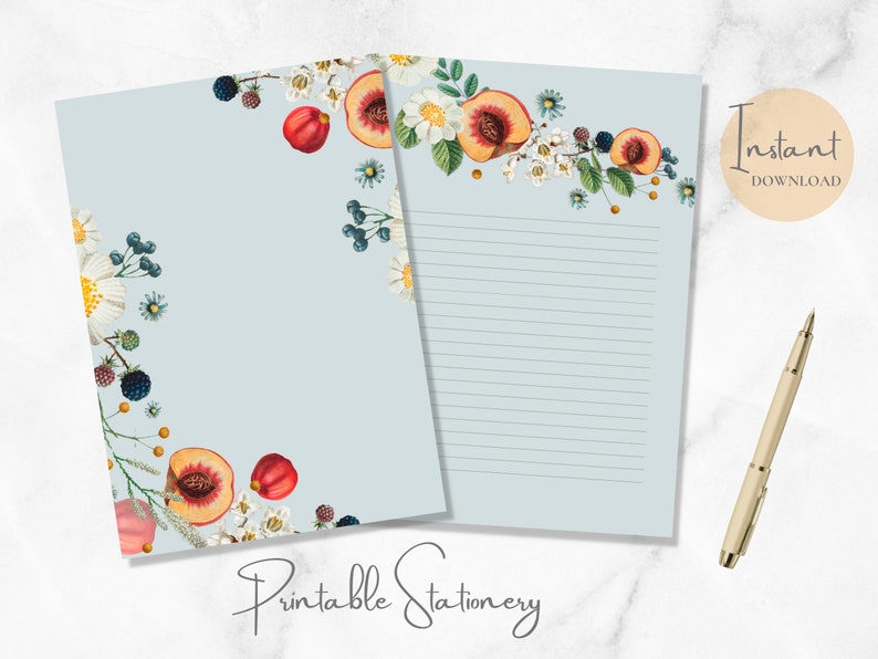 Peach Printable Stationery Paper Floral Letter Writing Paper Fruit ...