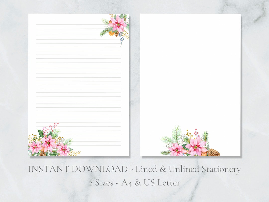 Pink Poinsettia Printable Stationery Festive Stationary Winter Floral ...