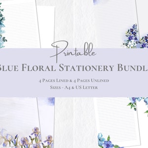 BUNDLE Blue Floral Stationery Printable Summer Stationary Paper Easter ...