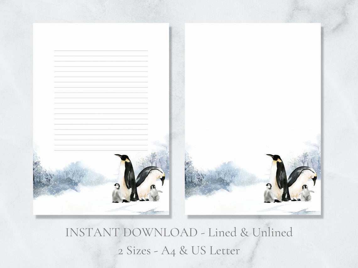 Watercolor Penguins Printable Stationery Winter Stationary Snow Writing ...