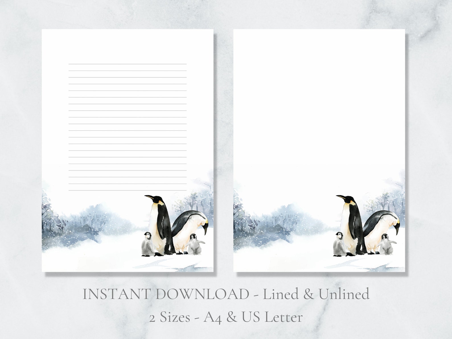 Watercolor Penguins Printable Stationery Winter Stationary Snow Writing ...