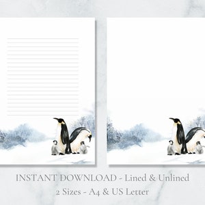 Watercolor Penguins Printable Stationery Winter Stationary Snow Writing ...