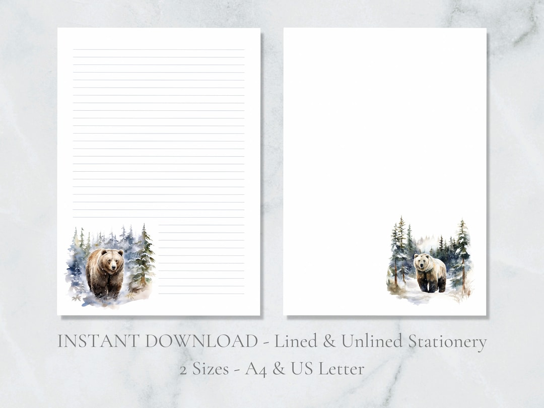 Winter Brown Bear Printable Stationery Nature Stationary Snow Letter ...