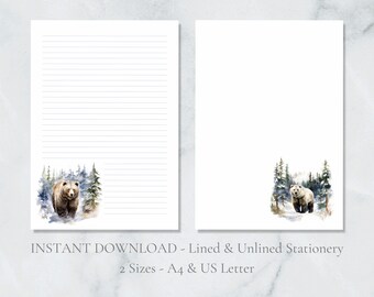 Winter Brown Bear Printable Stationery Nature Stationary Snow Letter ...