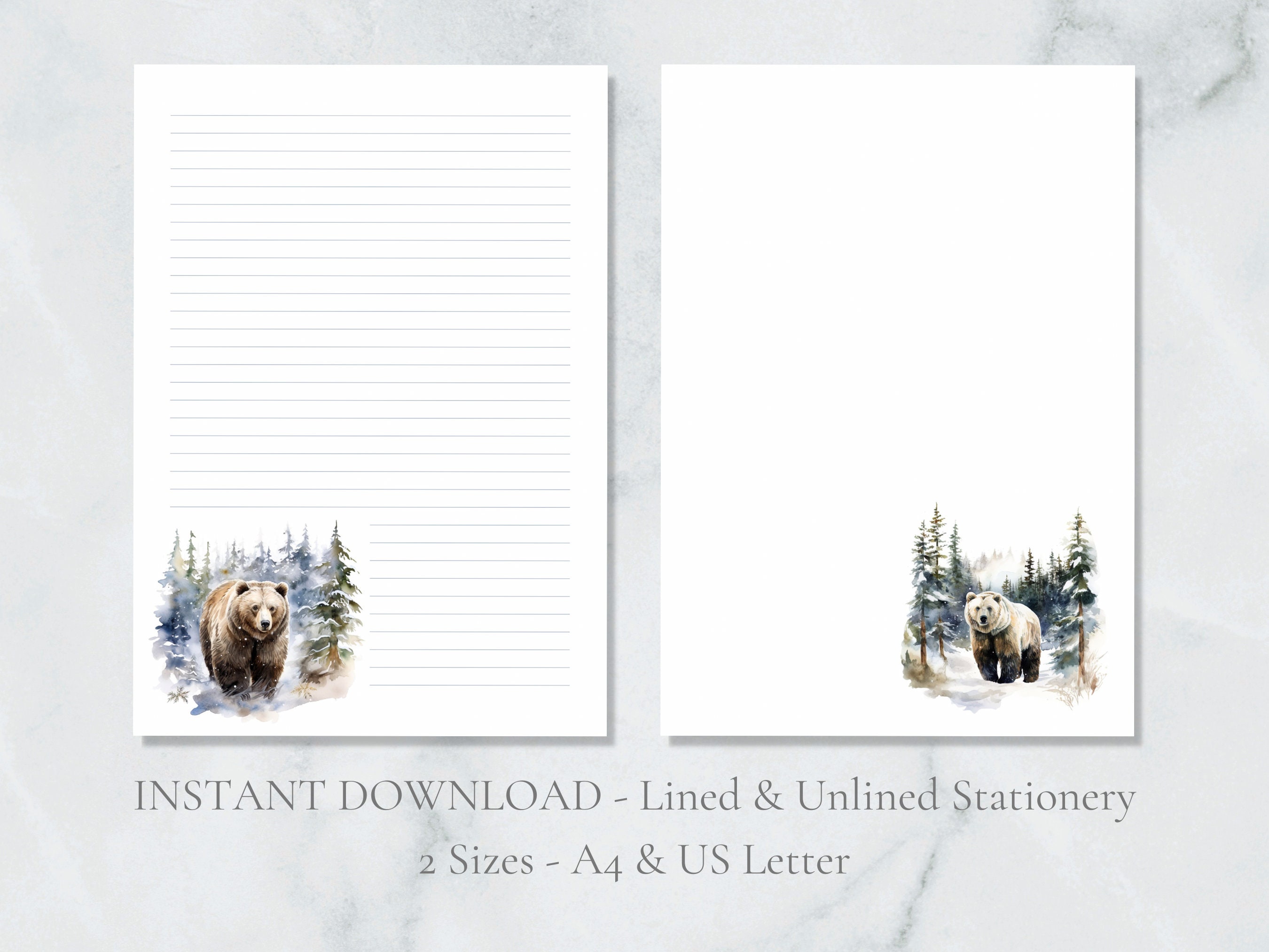 Winter Brown Bear Printable Stationery Nature Stationary Snow Letter ...