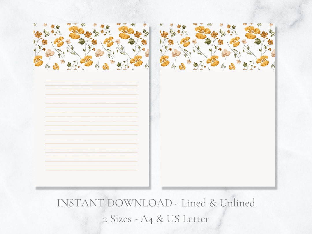 Yellow Floral Printable Stationery Stationary Flower Pattern Writing ...