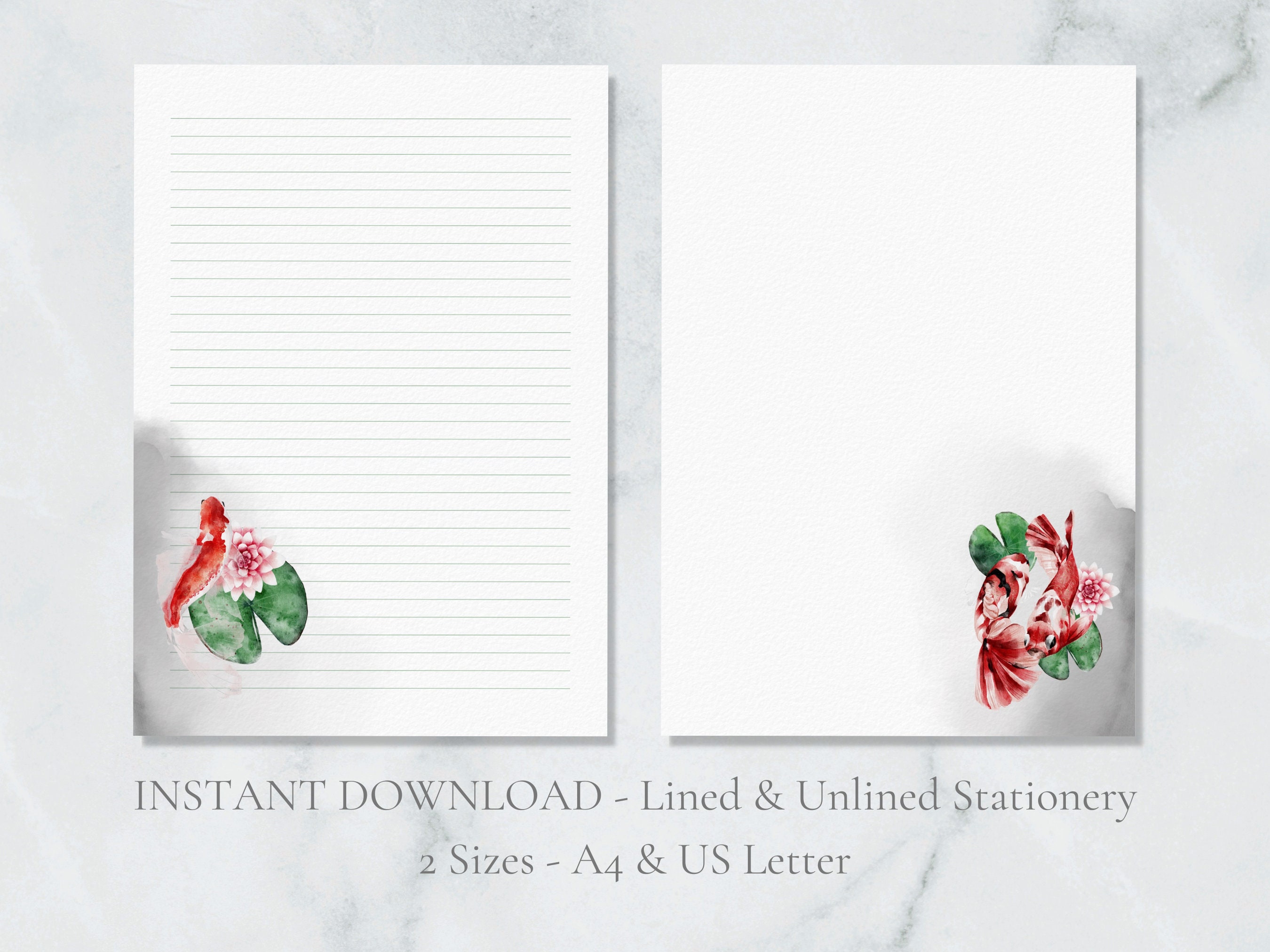Japanese Fish Pond Printable Stationery Koi Fish Water Lily Lotus ...