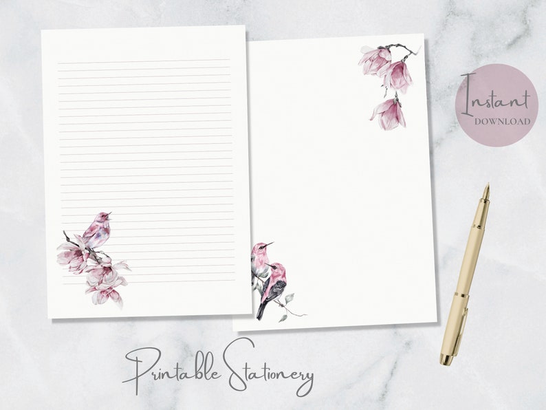 Birds in Magnolia Tree Printable Stationery Floral Writing Paper Letter ...