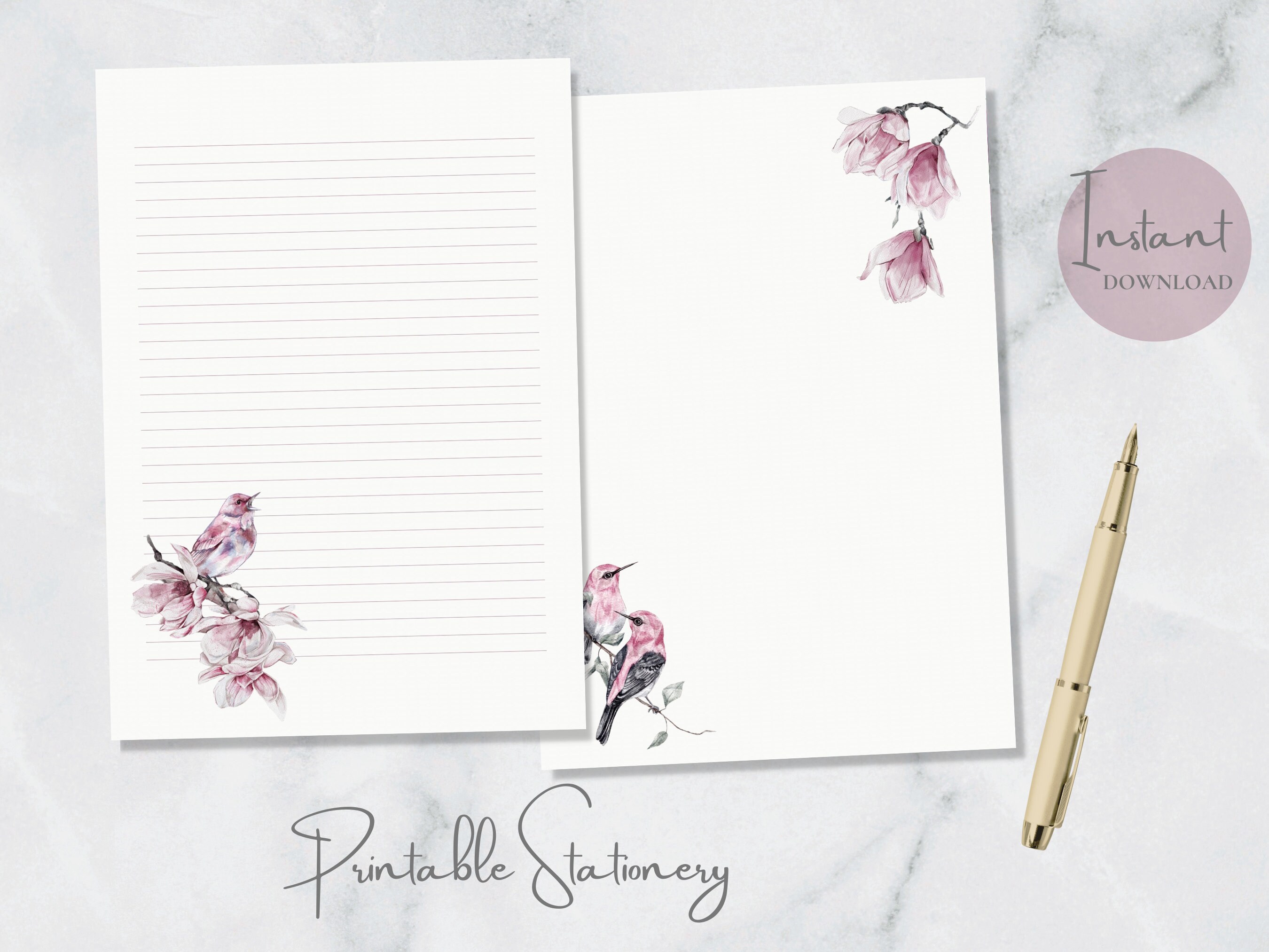 Birds in Magnolia Tree Printable Stationery Floral Writing Paper Letter ...