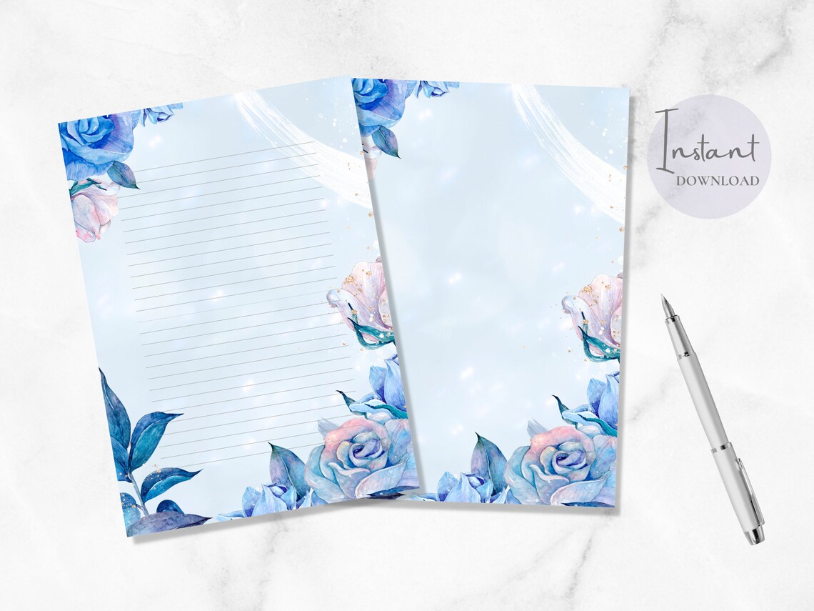 Blue Rose Printable Stationery Gold Floral Stationary Blue - Etsy