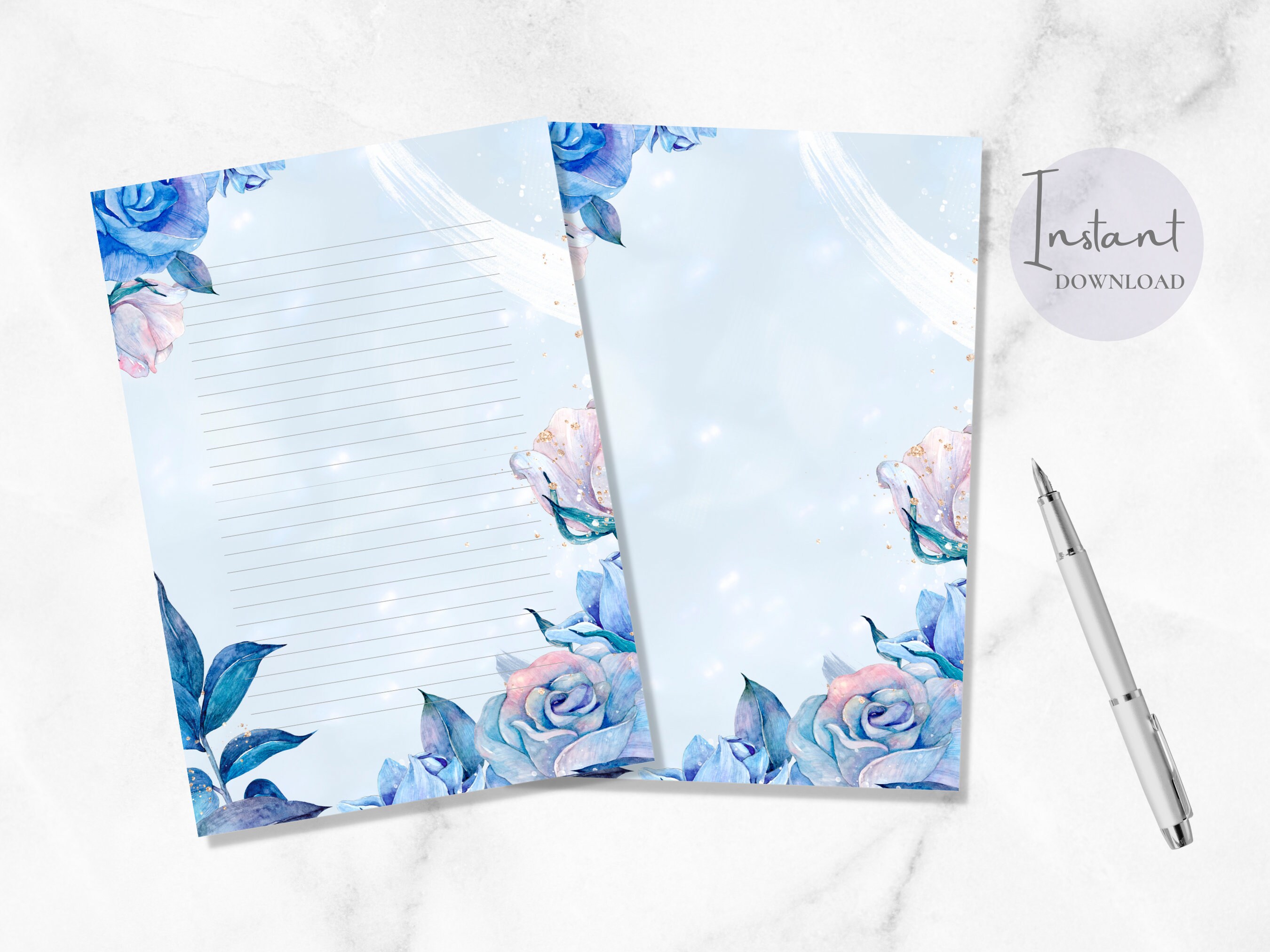 Blue Rose Printable Stationery Gold Floral Stationary Blue Writing ...