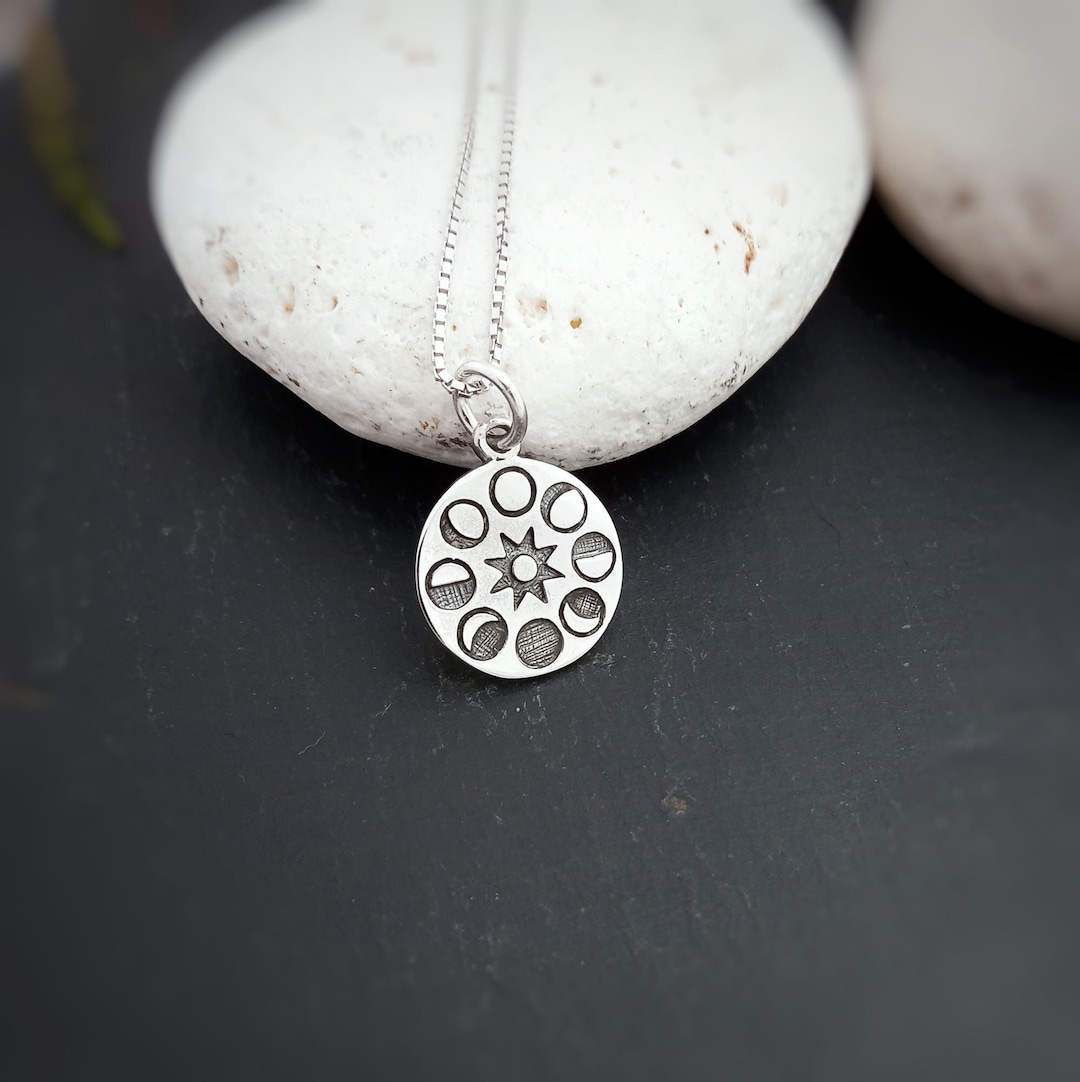 Round Moon Phases Coin Charm, Sterling Silver Lunar Cycle With Sun ...