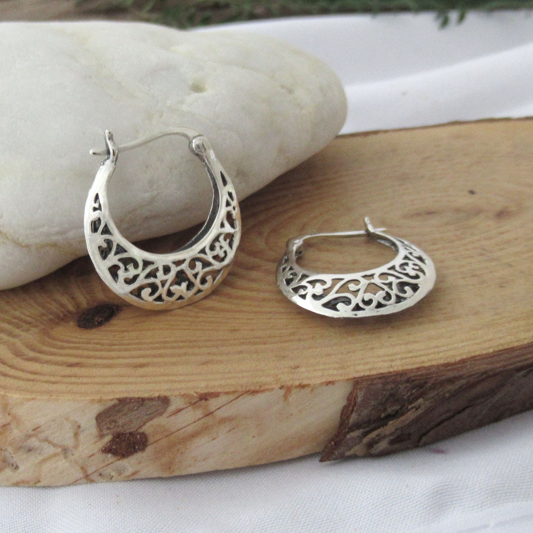 Tribal Concave Hoop Earrings in Sterling Silver, Small Indian Gipsy ...
