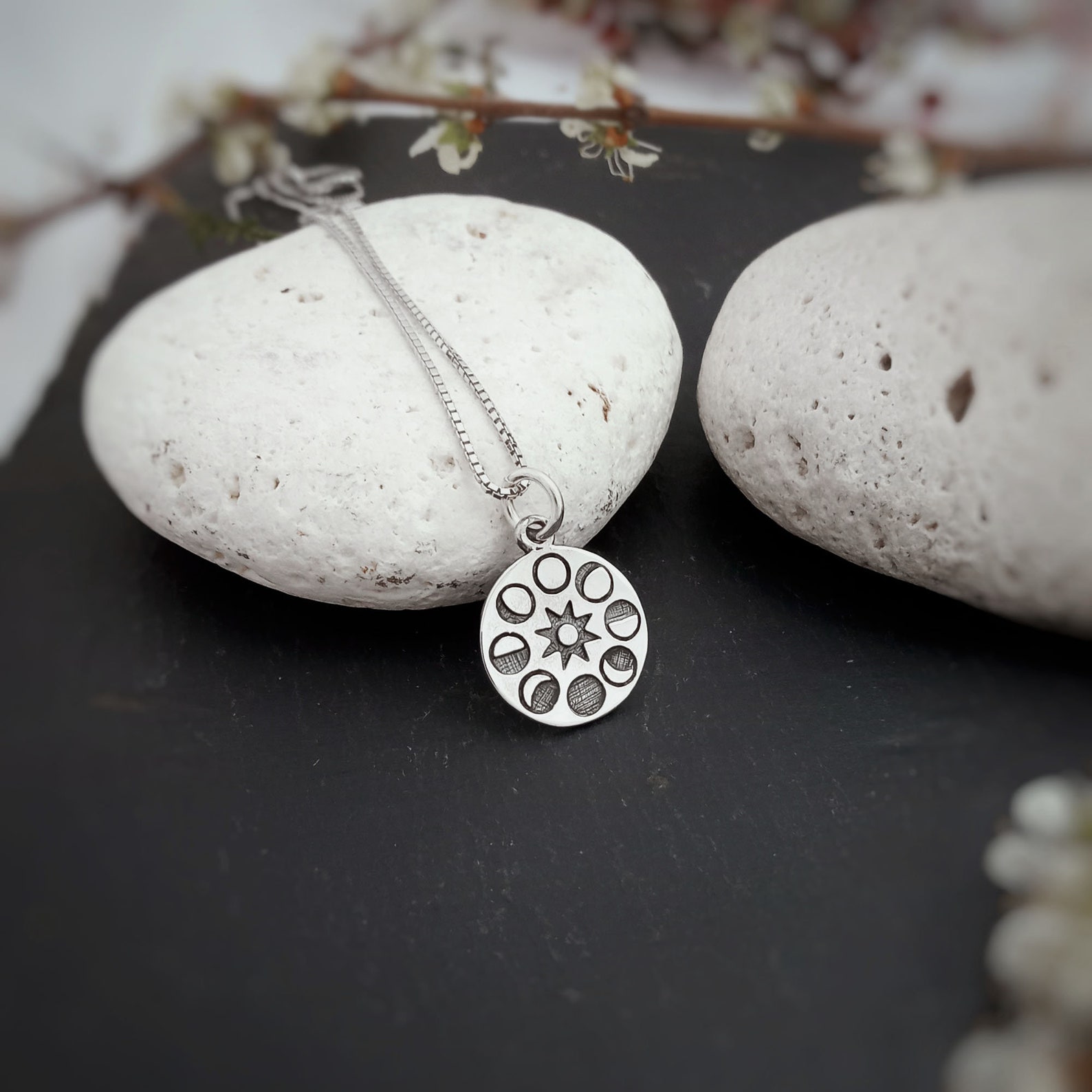 Round Moon Phases Coin Charm, Sterling Silver Lunar Cycle With Sun ...