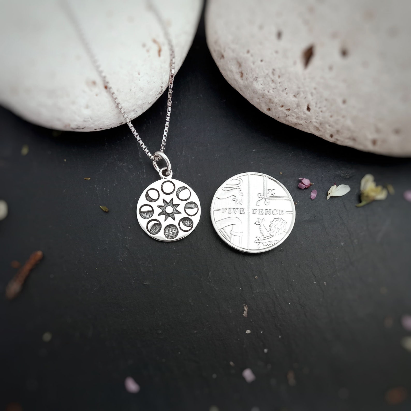 Round Moon Phases Coin Charm, Sterling Silver Lunar Cycle With Sun ...