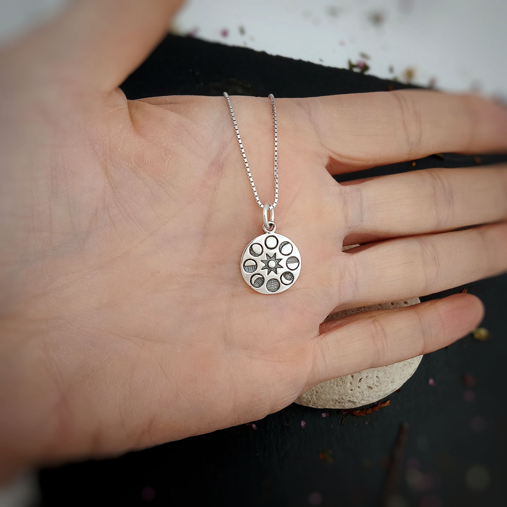 Round Moon Phases Coin Charm, Sterling Silver Lunar Cycle With Sun ...