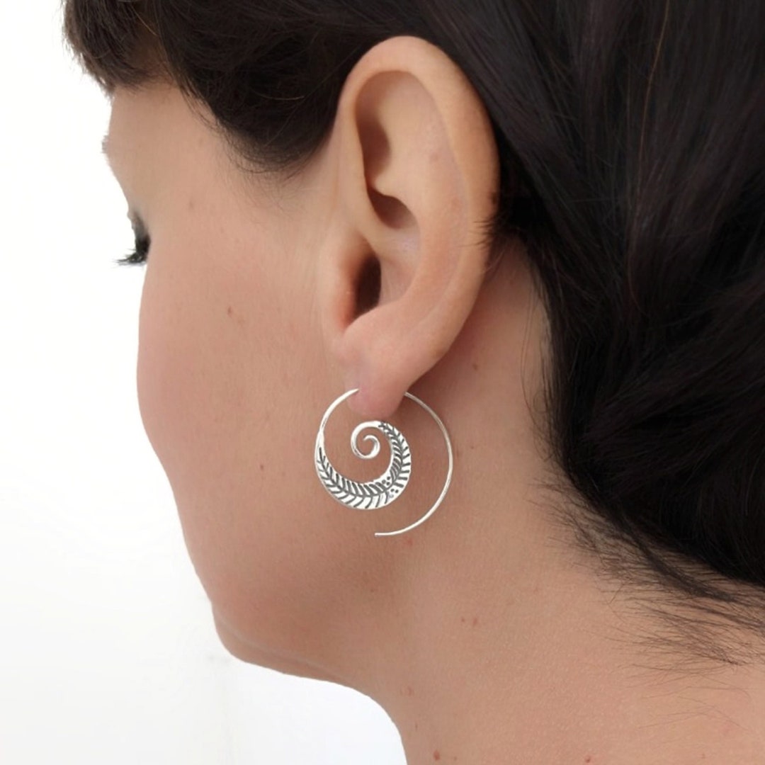 Tribal Maori Fern Spiral Sterling Silver Earrings, Boho Feather ...