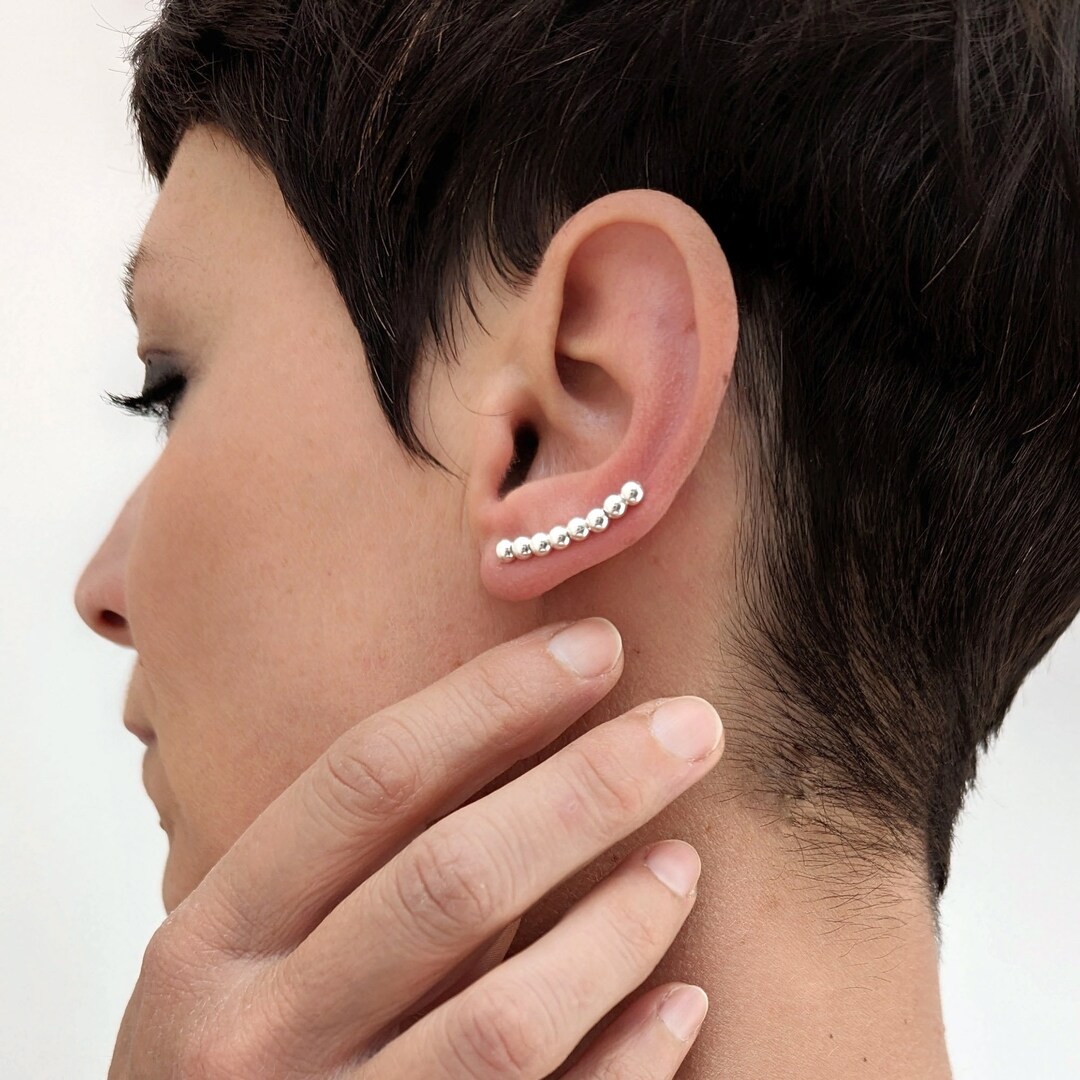Sterling Silver Ball Ear Climber, Dot Pebble Crawler Earrings, Long Ear ...