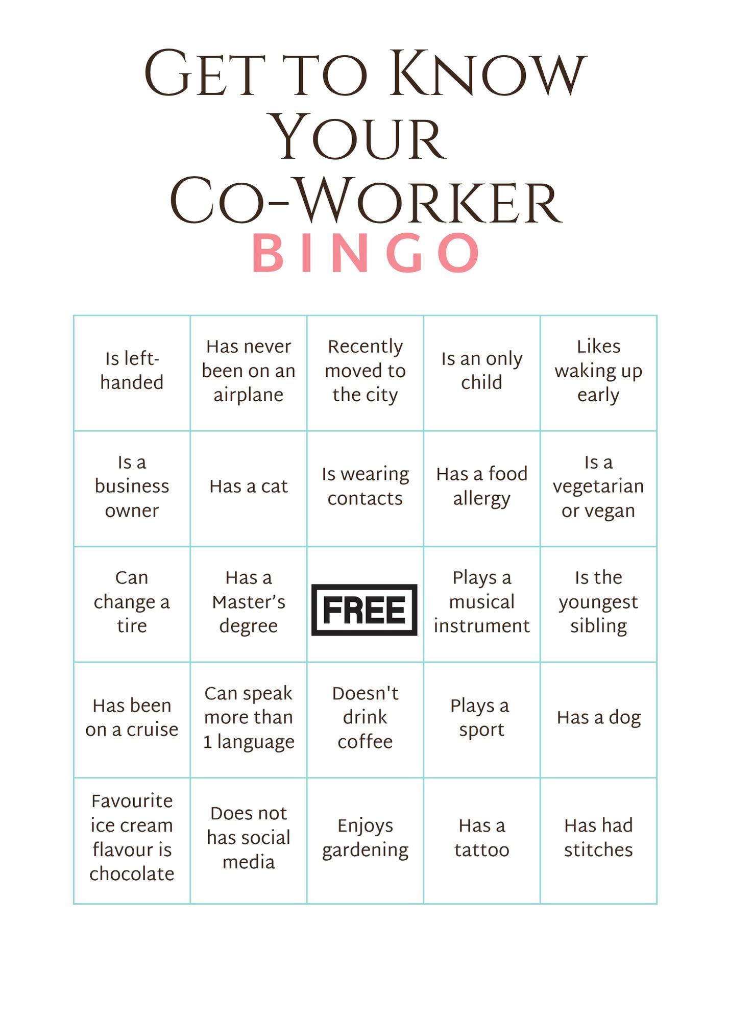 Get to Know Your Co-worker Bingo | Coworker Bingo Game | Team Building ...