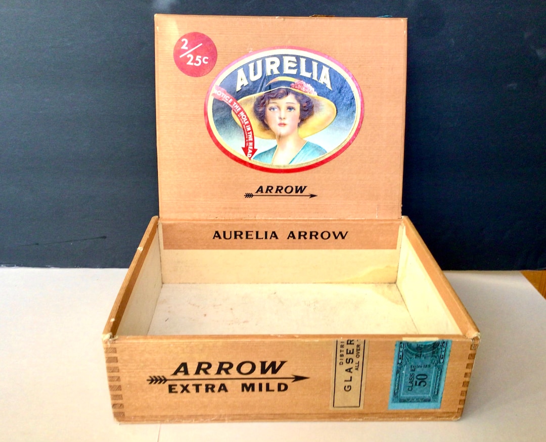 Vintage Cigar Box, Hinged Wooden Box, Aurelia Arrow Extra Mild Cigars ...
