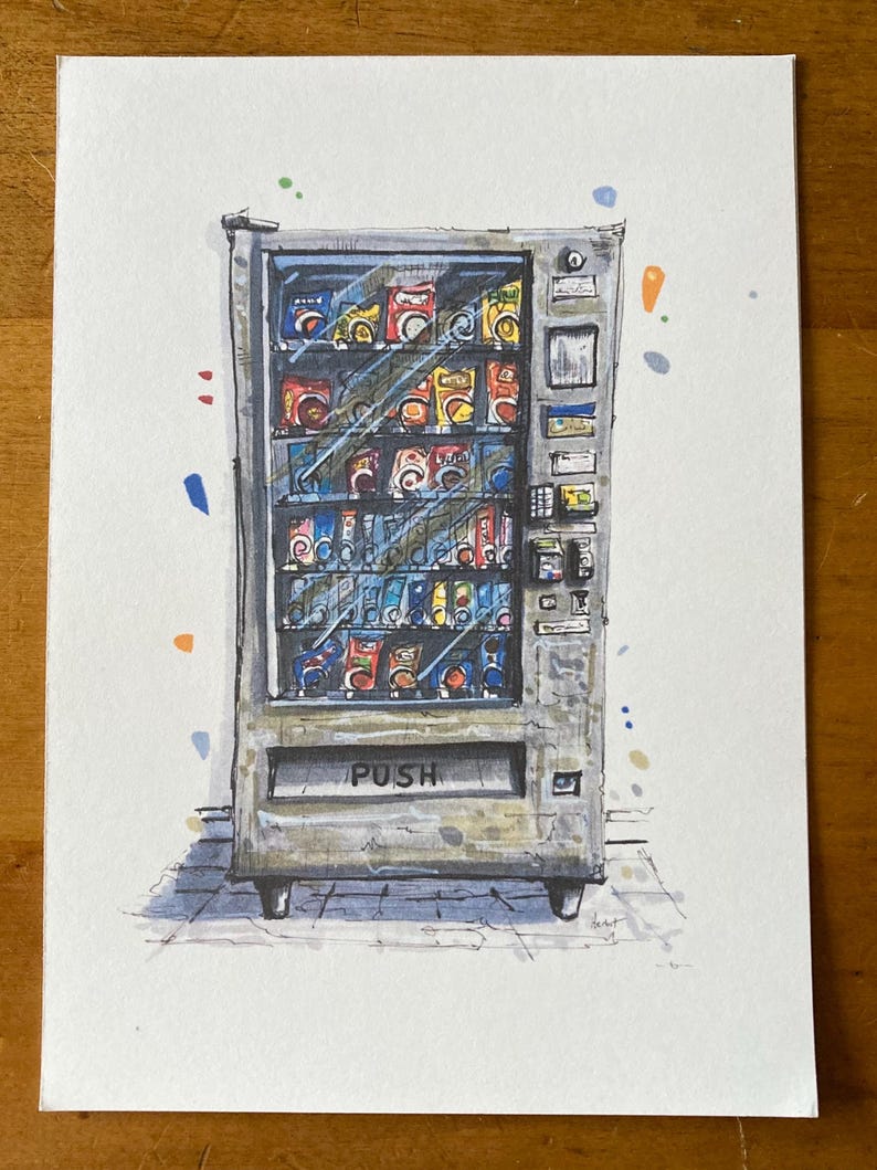 Vending Machine Illustration | Pen & Marker Snack Art Print | Retro ...
