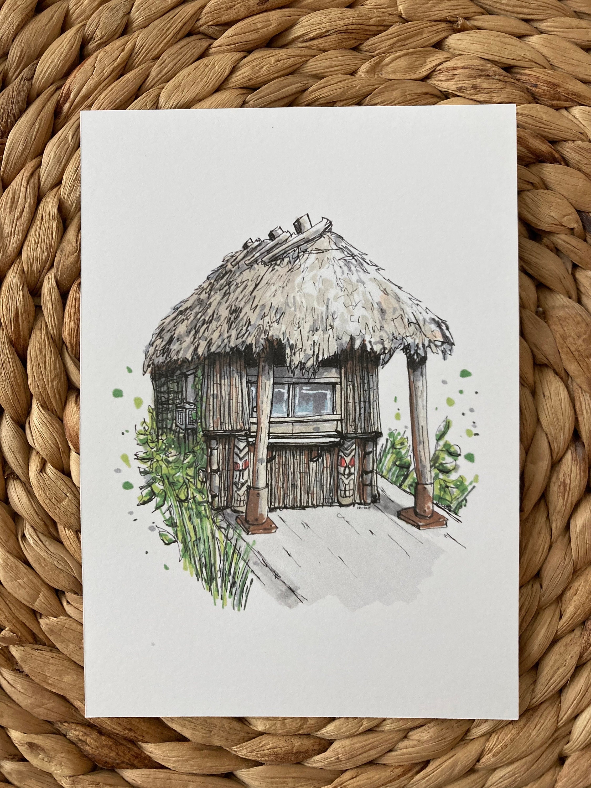 Tiki Bar Art Print, Marker Illustration, Tiki Hut Artwork, Beach Art ...