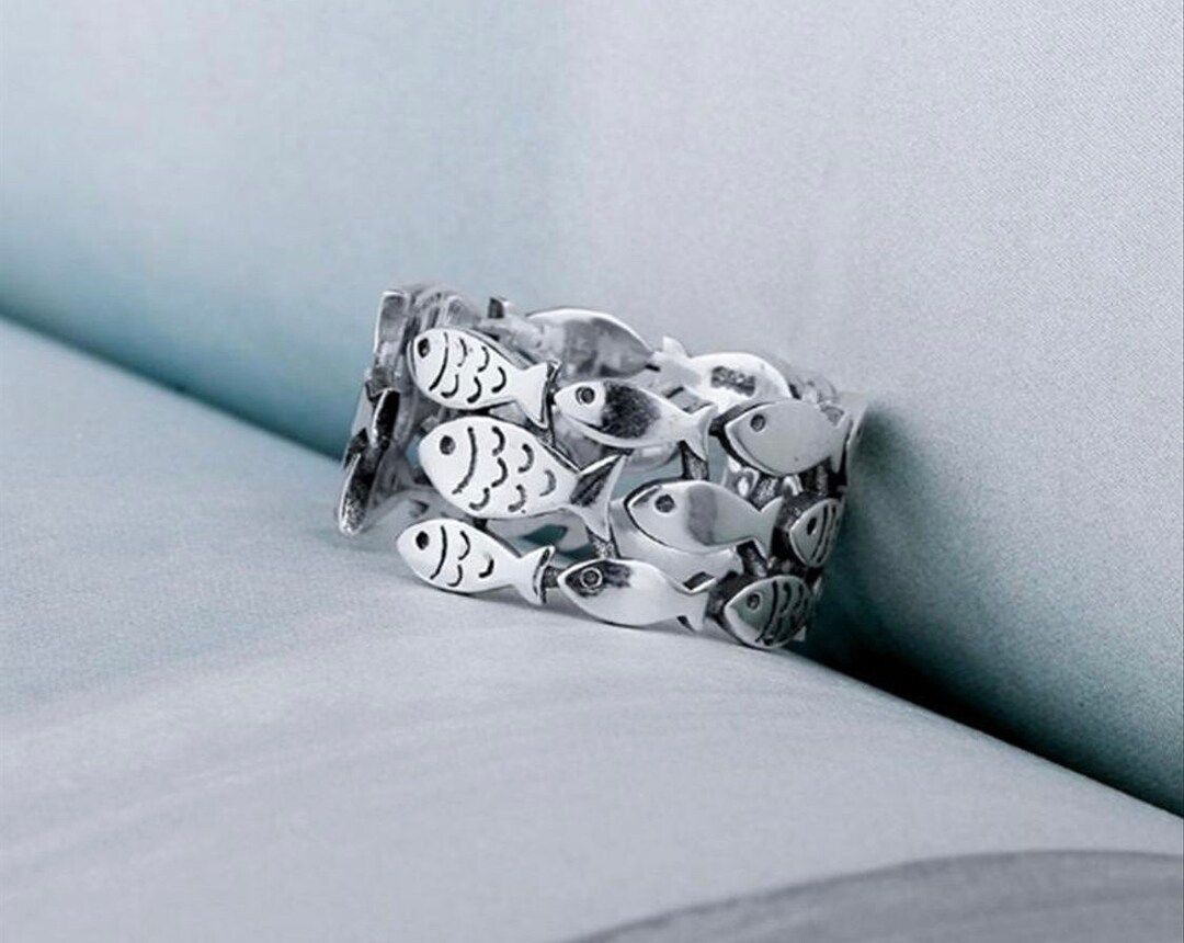 Silver Fish Band Adjustable Band Ring Fish Family Ring Wide - Etsy