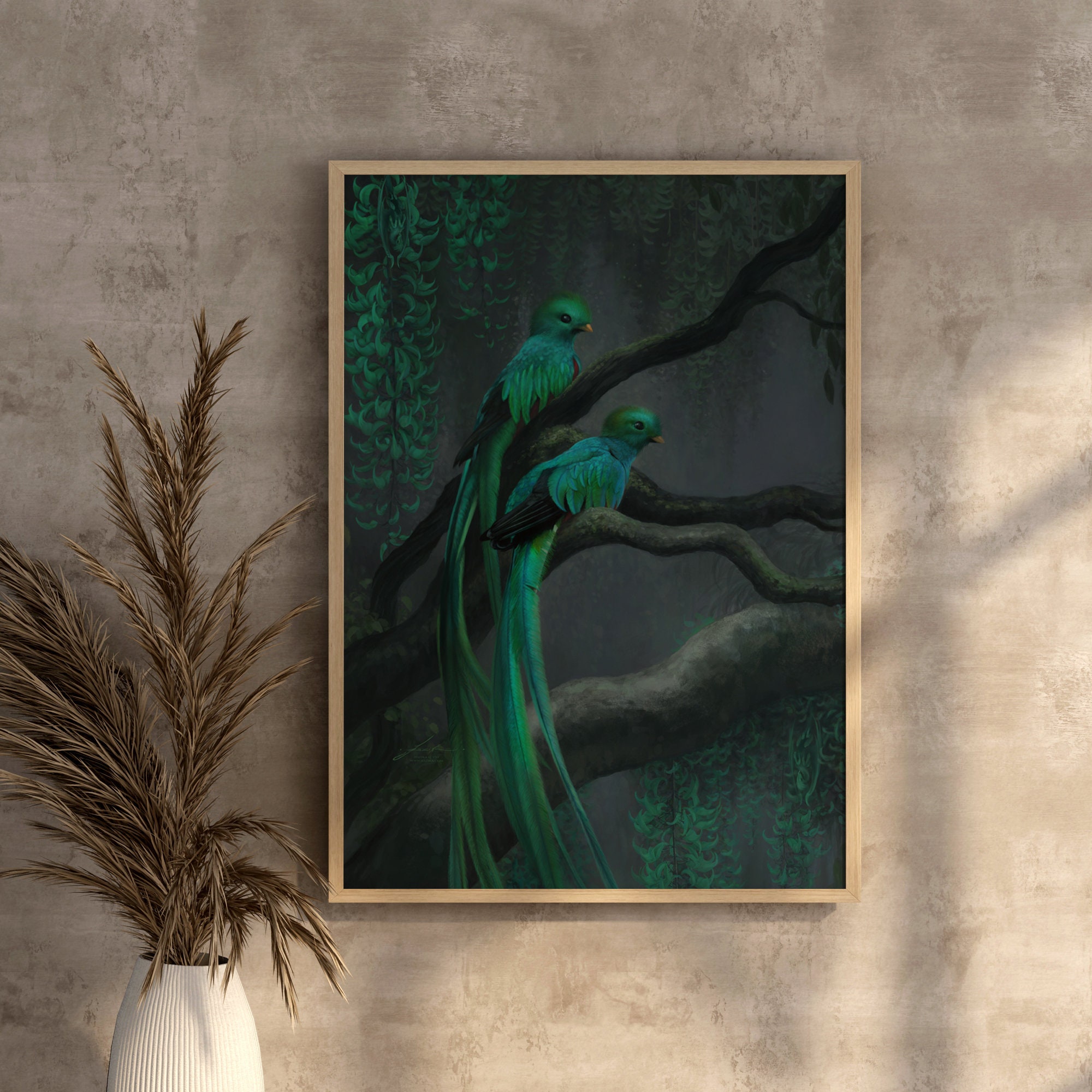 Quetzal & Jade Vine [art Print] Bird Painting - Teal Green Flowers and ...